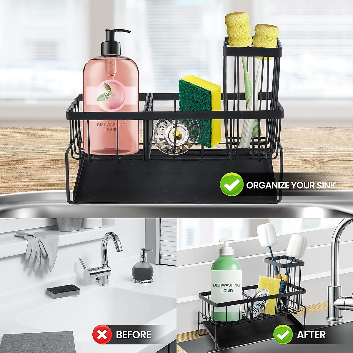 Tendry Sponge Holder for Kitchen Sink Caddy Organizer, Dish Soap Sponge Caddy with Brush Holder, Rustproof Sink Accessory with Dividers for Storage Kitchen Gadgets