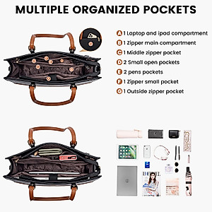 LOVEVOOK Laptop Bag for Women, Fashion Tote Bag, Large Capacity Computer bag, Vegan Leather Work Handbag, Messenger Bag Purse Set, Business Office Briefcase Fit 15.6 Inch Laptop, Black