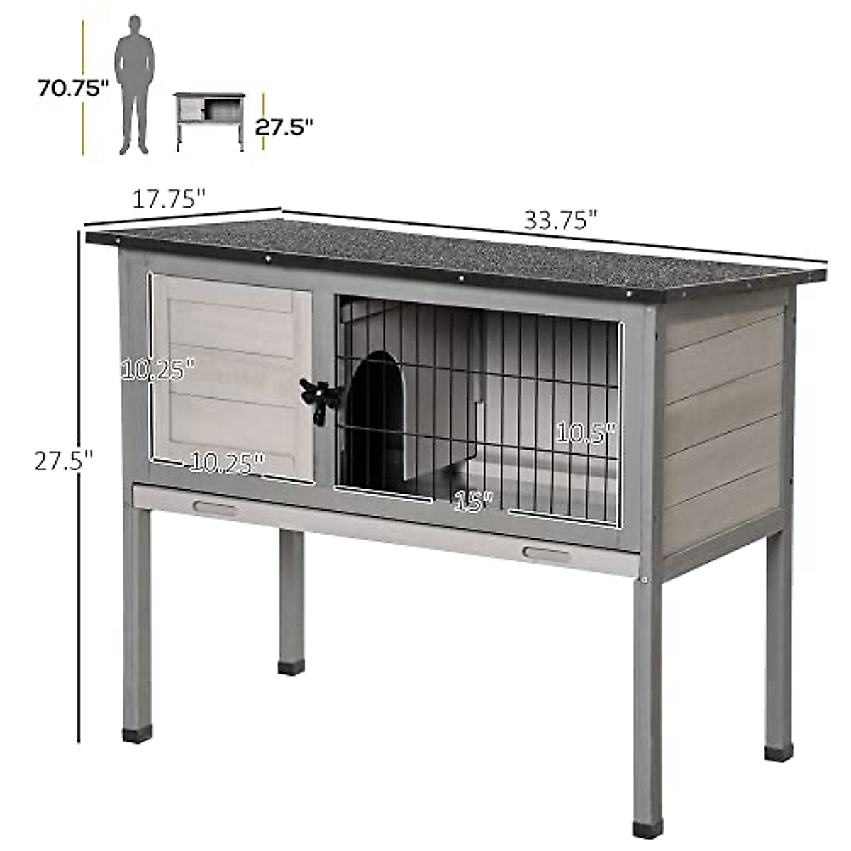 PawHut Elevated Wooden Rabbit Hutch, Indoor/Outdoor Bunny Cage with Hinged Asphalt Roof and Removable Tray for Guinea Pig, Grey