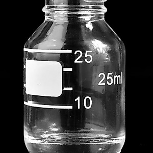 Kestun 10 Packs Reagent Media Storage Bottles, 25ml Borosilicate Glass Graduated Round Bottles with GL25 Blue Screw Cap for Lab Water Reagent Liquids (Clear, 25ML)