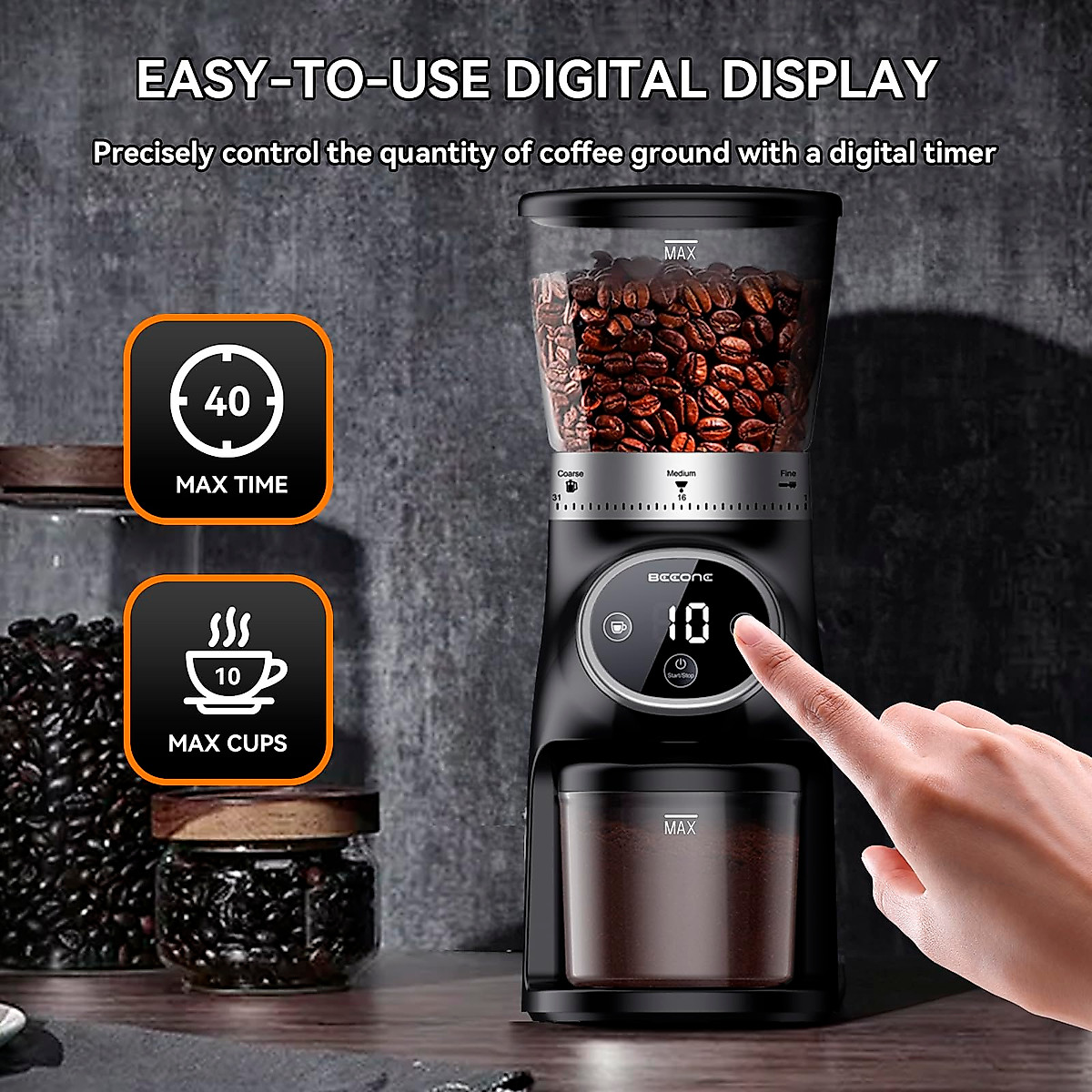 Electric Burr Coffee Grinder with Digital Control, BEEONE Espresso Grinder with 31 Precise Settings for 1-10 Cups, Coffee Grinder Electric with Time Display, Black