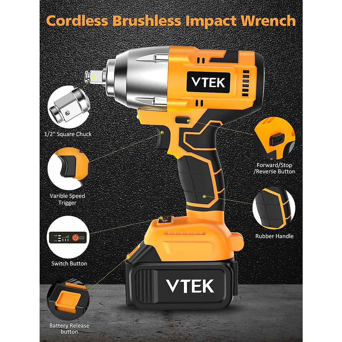 VTEK Brushless Impact Wrench 1/2 Inch Cordless Impact Wrench,Max Torque 700N.m Impact Gun 515 ft-lbs for Car Tiers