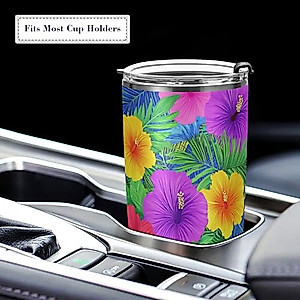 HXshaoye Hawaiian style tropical flowers palm leaves bright neon colors Stainless Steel water bottle with straw with Straw Lid travel coffee mug with lid for camping portable mug 20 oz vaso térmico