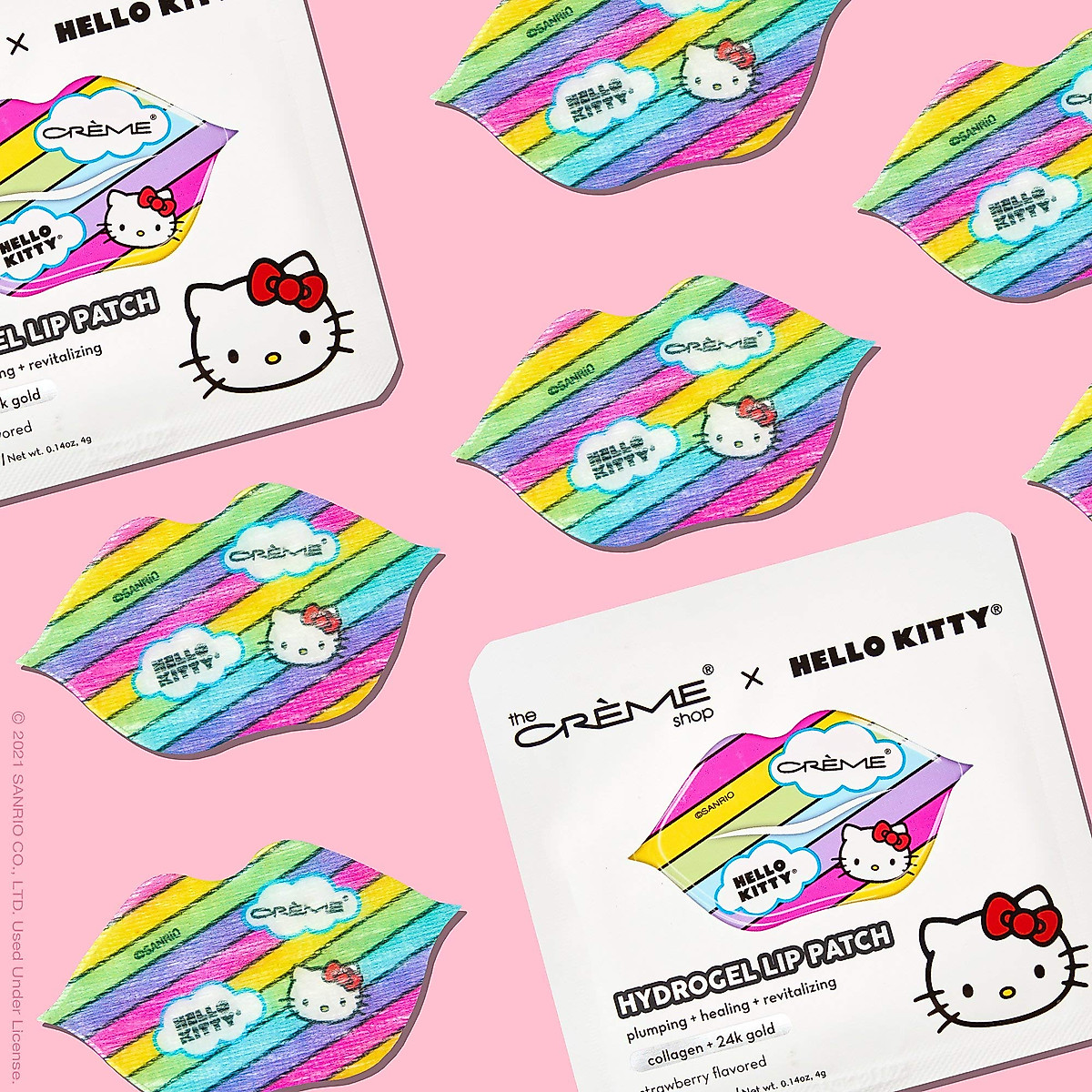 The Crème Shop x Hello Kitty Hydrogel Lip Patch | Strawberry Flavored, Collagen and 24k Gold, Remove Dead Skin, Moisturize lips, Pale Lip Treatment, Anti Aging - 3 Pack