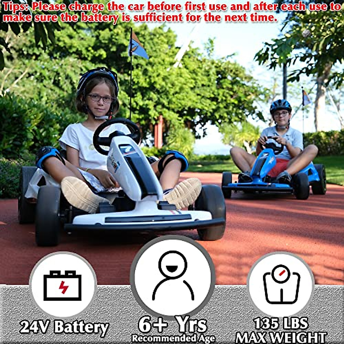 sopbost Electric Go Kart 24V Battery Powered Pedal Go Karts for 6+ Kids Adults Ride on Car Electric Vehicle Car Racing Drift Car for Boys Girls, White