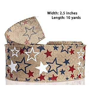Red White Blue Stars Pattern Wired Edge Burlap Ribbon, 10 Yards by 2.5 Inches (Style 3)