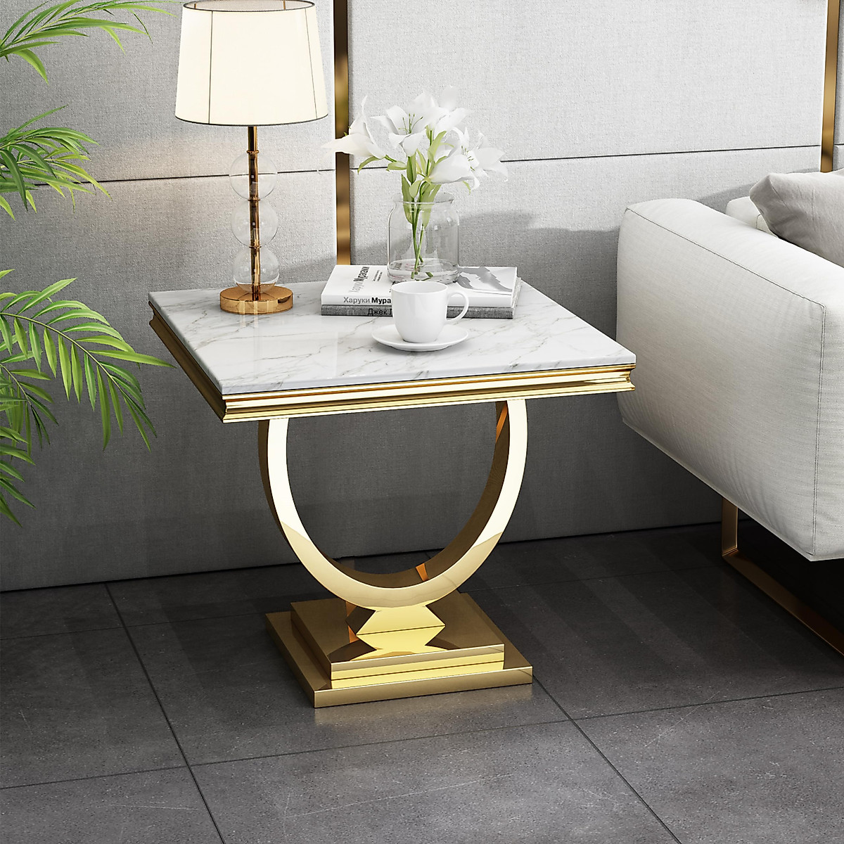SSLine Modern White Faux Marble End Table Luxury Square Sofa Side Table with Gold Pedestal Base Mid-Century Elegant Bedside Table w/Mirrored Stainless Steel Frame Legs for Living Room Bedroom