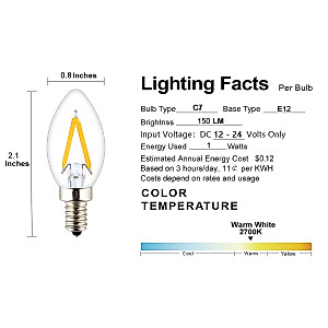 OPALRAY C7 12V-24V DC 1W LED Mini Candle Bulb, 12 Volts Low Voltage Input, RV Lighting Cabin Light, Warm White 2700K, 150LM 15W Incandescent Equivalent, for 12Volt Power, Mini Torpedo Shape, 4-Pack