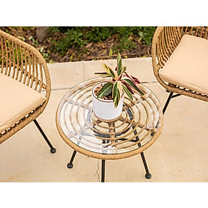 Barton 3pcs Outdoor Bistro Chat Set Patio Conversation Wicker Chairs Glass Table with Seat Cushions, Beige