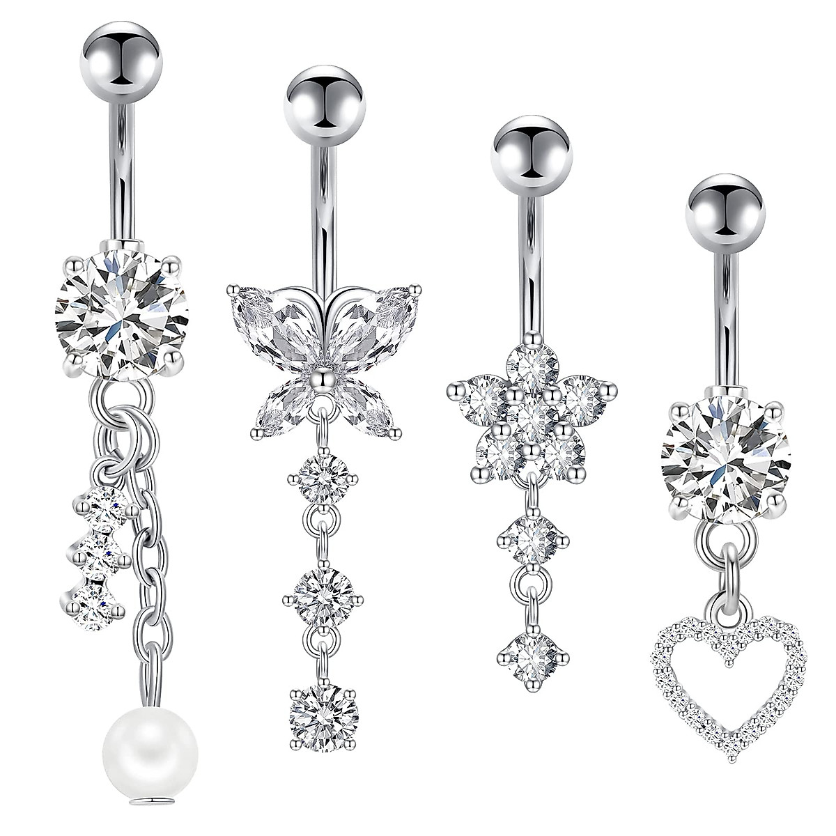 Longita Dangle Belly Button Rings for Women Surgical Steel Piercing Jewelry, Silver