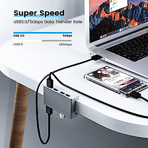 ORICO USB 3.0 Hub, USB Hub Clamp, Aluminum 4-Port USB Splitter with Extra Power Supply Port and 4.92 FT USB A to USB A and USB A to USB C Cable, Desktop Powered USB Hub for Monitors/Desks-Silver