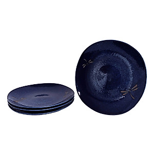 Ebros Made in Japan Pack Of 4 Midnight Blue Tombo Dragonfly Ceramic Porcelain Dinner Plates Dishes For Salads Pasta Noodles Stir Fry Main Course Entrée Dining Dinnerware Serving Platters