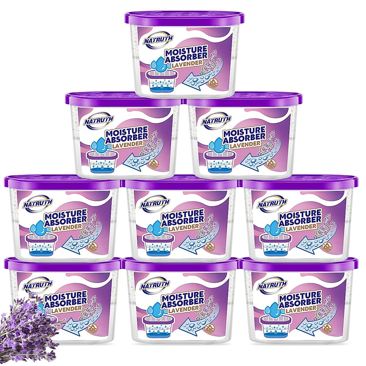 NATRUTH Moisture Absorbers with Lavender Scent,9-Pack Portable Closet Dehumidifier, Odor Eliminator Absorber Bucket, Unscented Humidity Absorber,Cleaner Air Dehumidifier for Closet,Bathrooms