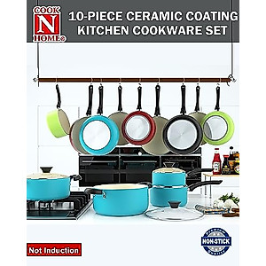 Cook N Home 10-Piece Ceramic Nonstick Cookware Set - Pots, Pans, Dutch Oven, Saucepans, Frying Pans and Lids - Turquoise