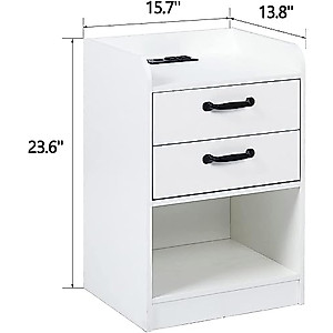 White Nightstand Set of 2 with Charging Station and LED Lights, Modern End Side Table with 2 Drawers and Open Storage for Living Room, Night Stands for Bedrooms Set of 2 White