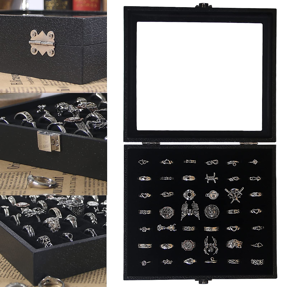 Pangkeep 42 Slots Ring Organizer Display Case,Black Jewelry Storage Tray Boxes for Multiple Rings,Glass Lid,Stackable.
