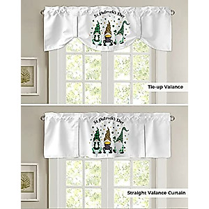 Semi-Sheer Kitchen Valances for Windows, Adjustable Tie Up Valances Curtains Light Filtering, St Patrick's Day White Background Shamrock Gnomes and Gold Coin Elegant Window Toppers Valances 42x12in