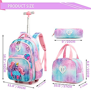 JSMNIAI Unicorn Rolling Backpack for Girls Backpack with Wheels Kids Trolley School Bags Trip Luggage with Lunch Box for Elementary Girls Travel Purple Suitcase