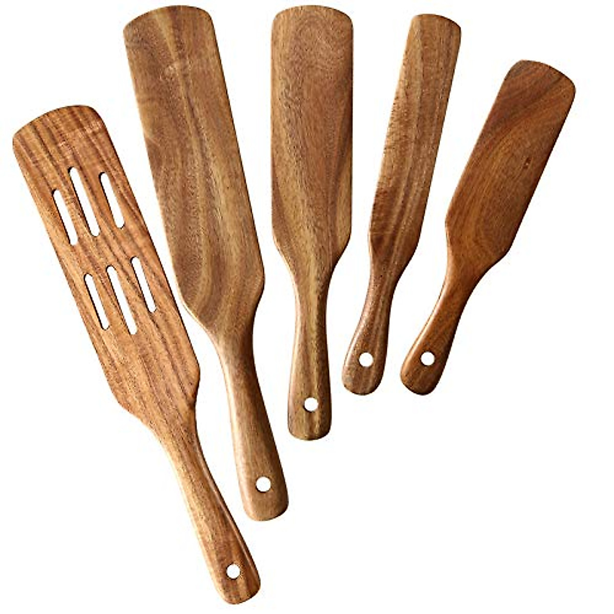 As Seen On TV, 5 Pcs Wooden Spurtle Set, NAYAHOSE Teak Wood Kitchen Utensils for Cooking, Wooden Slotted Spurtle Set for Stirring, Mixing, Serving