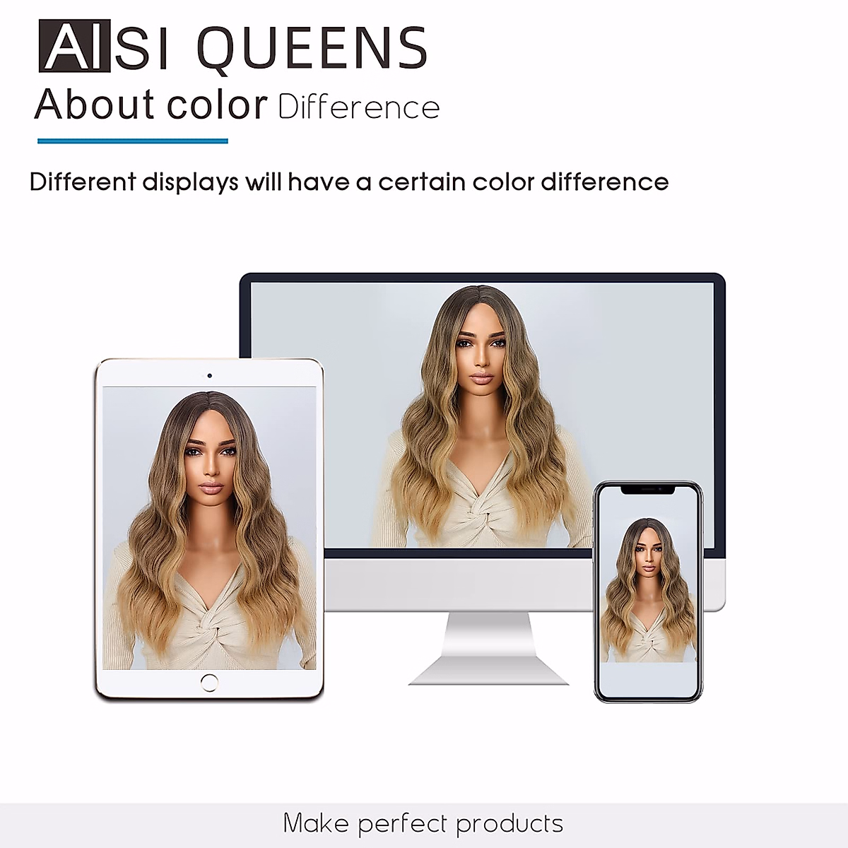 AISI QUEENS Long Wavy Ombre Wig Brown Mixed Blonde Synthetic Middle Part Wigs for Women Heat Resistant Hair Replacement Wigs for Daily Wear 20 Inch
