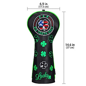 BIG TEETH Golf Head Covers Driver Hybrid Fairway Cover Golf Club Protector Lucky Clover and USA Pattern Black (Driver Cover)