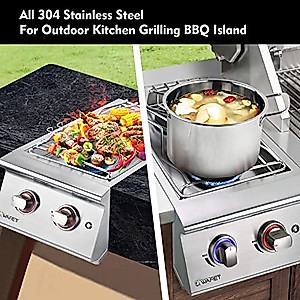 WAFIET Built-in Double Grilling Side Burners with Lid for Outdoor Kitchen BBQ Island, 304 Stainless Steel, 15,000BTU Liquid Propane/Natural Gas Grill with Drip Tray - LPG/NG Convertible