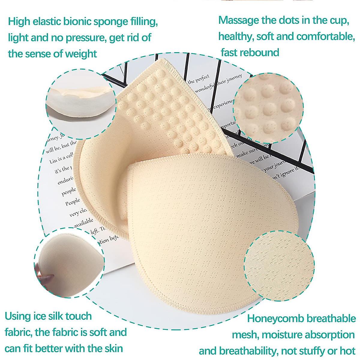 Bra Pad Inserts 3 Pairs, Bra Pads Sewn Padded for Sports Bra A/B/C/D Cup Beige or Black, Green or Grey or Pink Optional-BEIGE-M