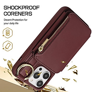 Furiet Wallet Case for iPhone 11 Pro 5.8 with Wrist Shoulder Strap Card Holder Ring StFlip PU Leather 6+ Slots Zipper RFID Blocking Phone Cover for iPhone11pro iPhone11 i XI 11s 11pro Wine Red