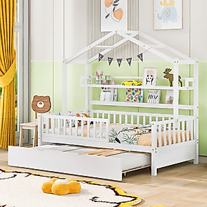 Harper & Bright Designs Wooden Twin Size House Bed with Trundle,Kids Bed with Shelf, White (Twin, White+Trundle)