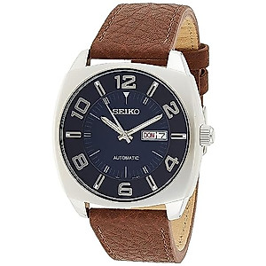 SEIKO SNKN37 Automatic Watch for Men - Recraft Series - Brown Leather Strap, Day/Date Calendar, 50m Water Resistant, Blue Dial, Luminous Hands & Markers, and 41 Hour Power Reserve