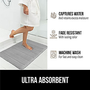 Gorilla Grip Thick Striped Memory Foam Bath Rugs, Soft Absorbent Velvet Bathroom Mats, Dots on Underside, Machine Washable Bathmat, Carpet Rug Room Décor for Shower Floor, 24x17 Mat, Gray