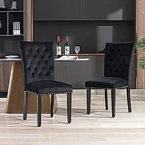Restworld Velvet Fabric Dining Chair Set of 2 with Button & Nailhead Decoration, Tufted Upholstered Chair for Bedroom & Dining Room, Modern Luxury Style Solid Wood Legs (Black)
