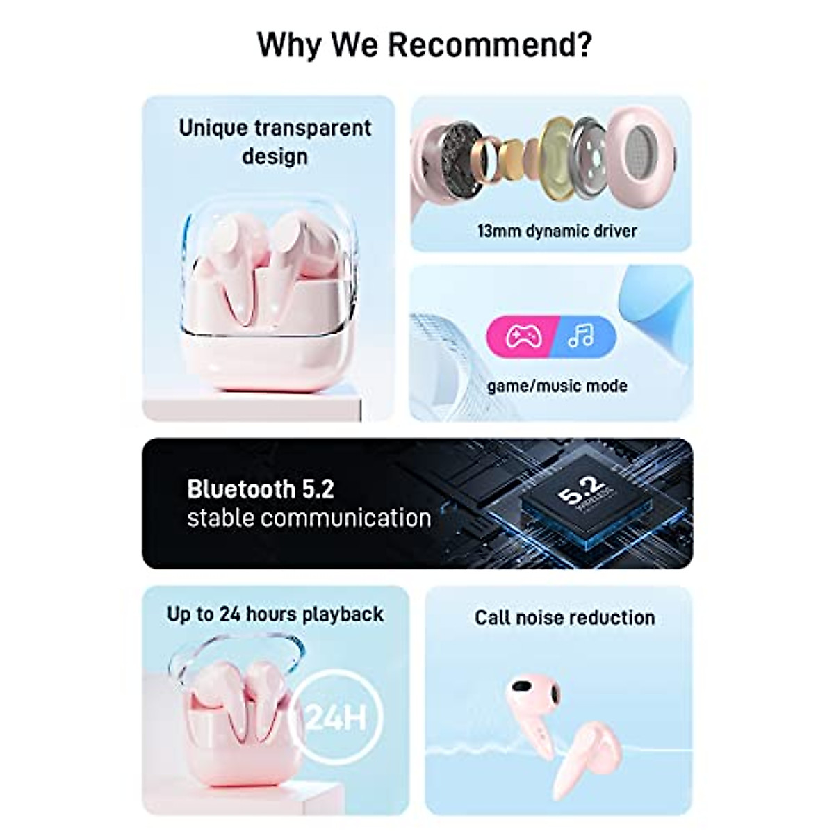 Bluetooth Wireless Earbuds,Immersive Sound Premium Deep Bass Hi-Fi Stereo Headset Bluetooth 5.2 Ear buds with Mics Call Noise Cancelling Lightweight Earphones for iOS,Android,Workout Sport Office