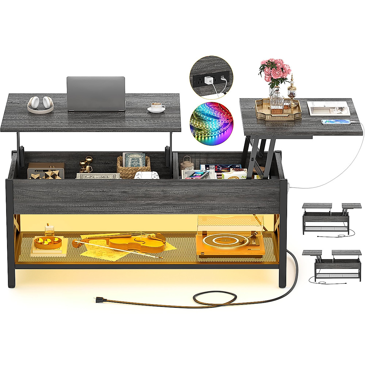 Besiost Coffee Table, Lift Top Coffee Table with Storage, LED Light & Power Outlet and Hidden Compartment, Retro Center Table for Living Room, X Support Wood Tabletop, Metal Frame, Black Oak