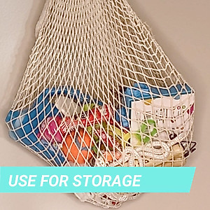 BUONVEZZO 5 Pack Reusable Grocery Bags - 100% Cotton Mesh Produce Bags with Long Handle, Washable Kitchen String Shopping Netted Tote Bag for Fruits and Vegetables