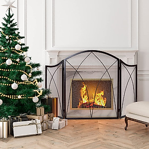 BESHINY Indoor Fireplace Screen 3 Panel Wrought Iron Large Screen Metal Decorative Mesh Cover