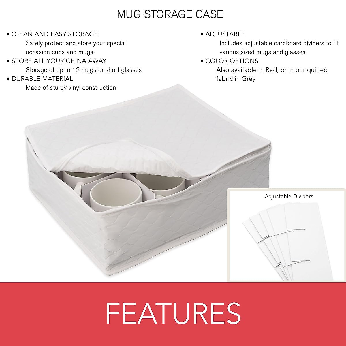 LAMINET Quilted Mug/Cup Storage Case - Holds Up to 12 Mugs/Cups - WHITE