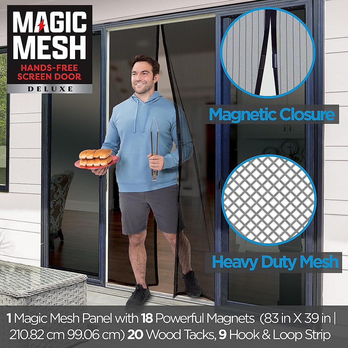 Magic Mesh Deluxe- Black- Hands Free Magnetic Screen Door, Mesh Curtain Keeps Bugs Out, Frame Hook & Loop, Hands Free, Pet & Kid Friendly- Fits Doors up to 39 x 83 Inches