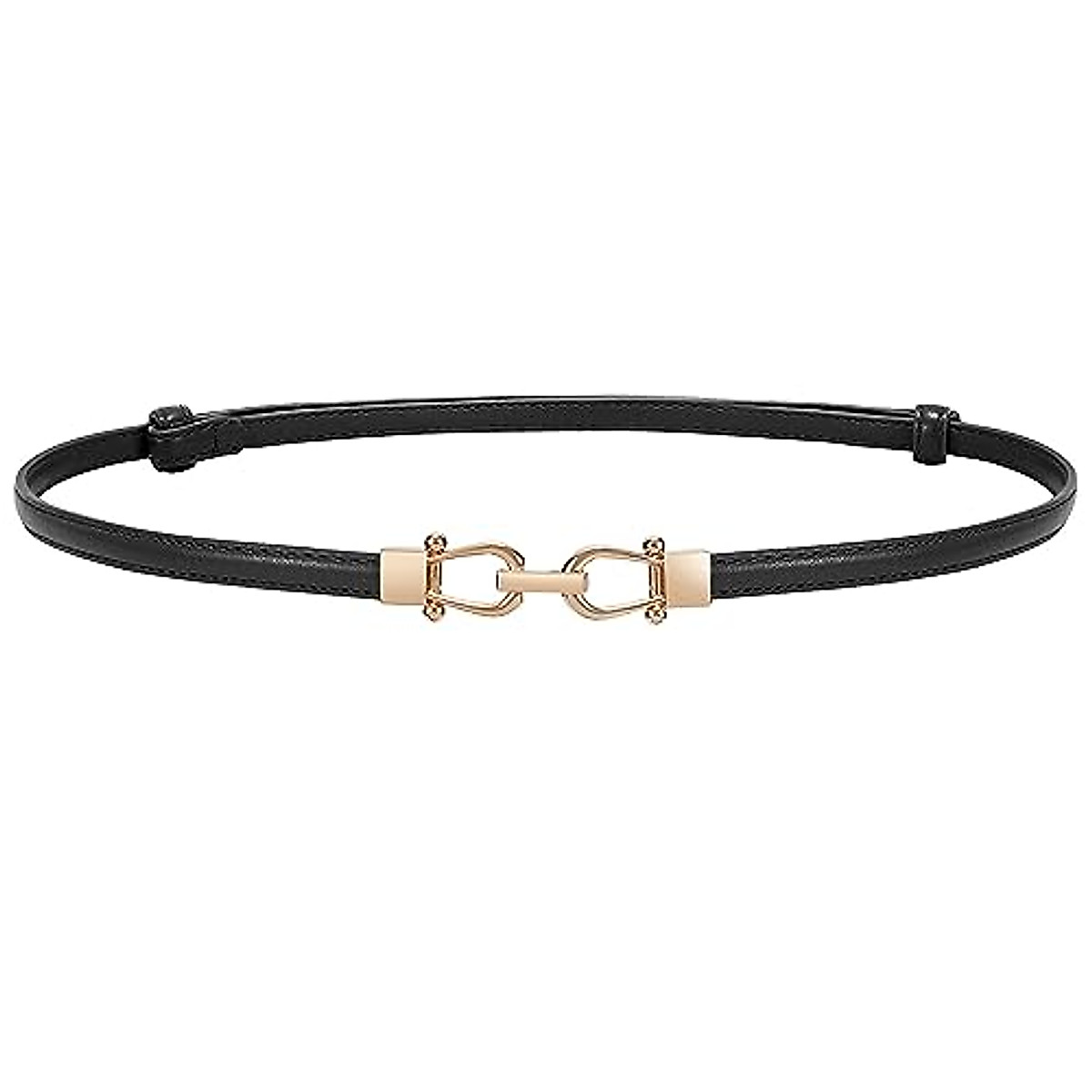 WERFORU Women Skinny Belt for Dress,Thin Waist Belt - Adjustable Leather Belt with Gold Buckle, Black, Fit Waist Size below 37 Inches