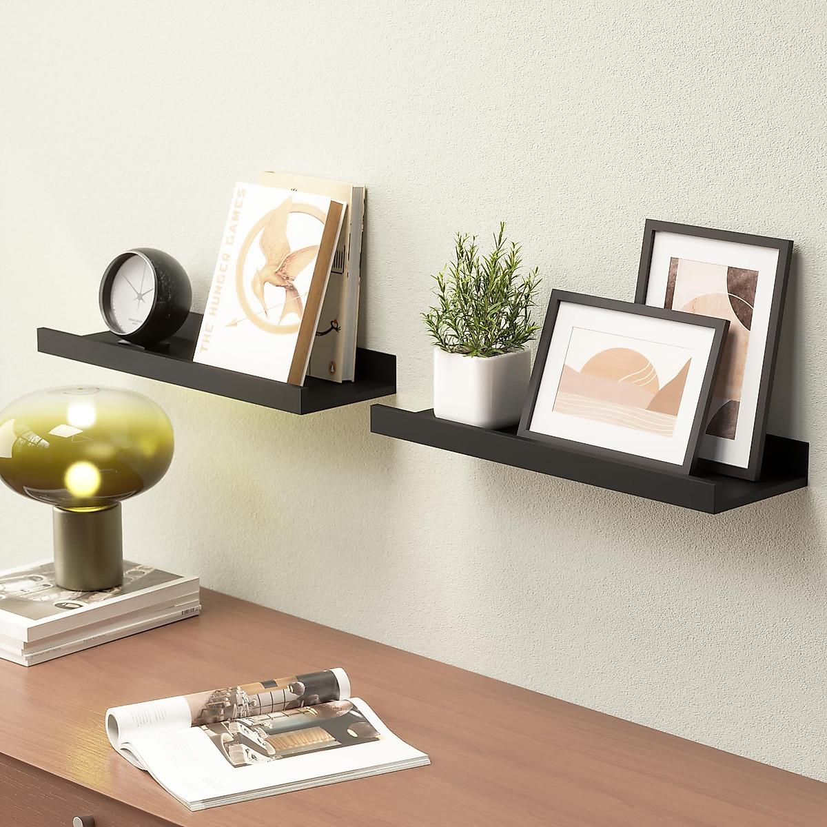 Boswillon Floating Shelves Wall Mounted Set of 2, Modern Black Wall Shelves for Storage with Lip, Display Picture Ledge Shelf for Wall Decor Bedroom Living Room Bathroom Kitchen