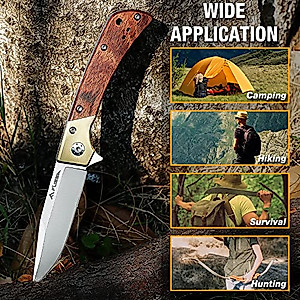 FLISSA D2 Steel Pocket Knife, Folding Knife with Ball Bearing, Elegant Copper & Wood Handle, Liner Lock, Pocket Clip, Cleaning Cloth, Perfect for EDC, Daily Use, Outdoor