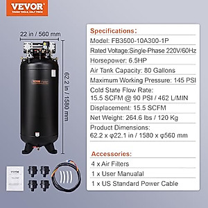 VEVOR 80 Gallon Air Compressor, 6.5HP 15.5SCFM@90 PSI, 2-Stage 145PSI Oil Free Stationary Compressor Tank, 86dB Quiet Compressor for Industrial Manufacturing, Workshops (220V/60Hz Single-Phase Power)