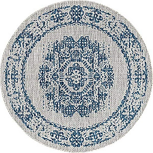 Unique Loom Outdoor Traditional Collection Area Rug - Timeworn (5' 3" Round, Blue/ Gray)
