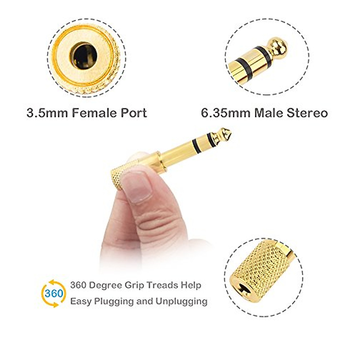 Quarter inch Adapter, 6.35mm (1/4 inch) Male to 3.5mm (1/8 inch) Female Headphone Jack Plug, Gold Plated, 6 Pack - JOLGOO