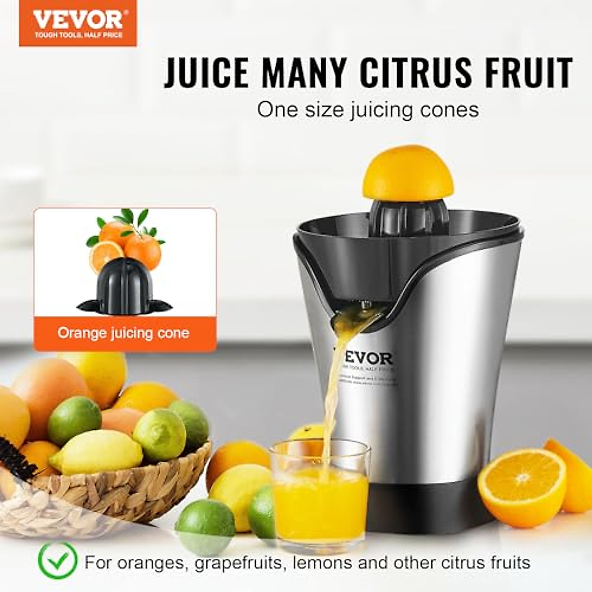 VEVOR Electric Citrus Juicer, One Fits All Stainless Steel Orange Juice Squeezer, Easy Use Orange Juice Extractor Lemon Juicer Squeezer for Oranges, Grapefruits, Lemons etc