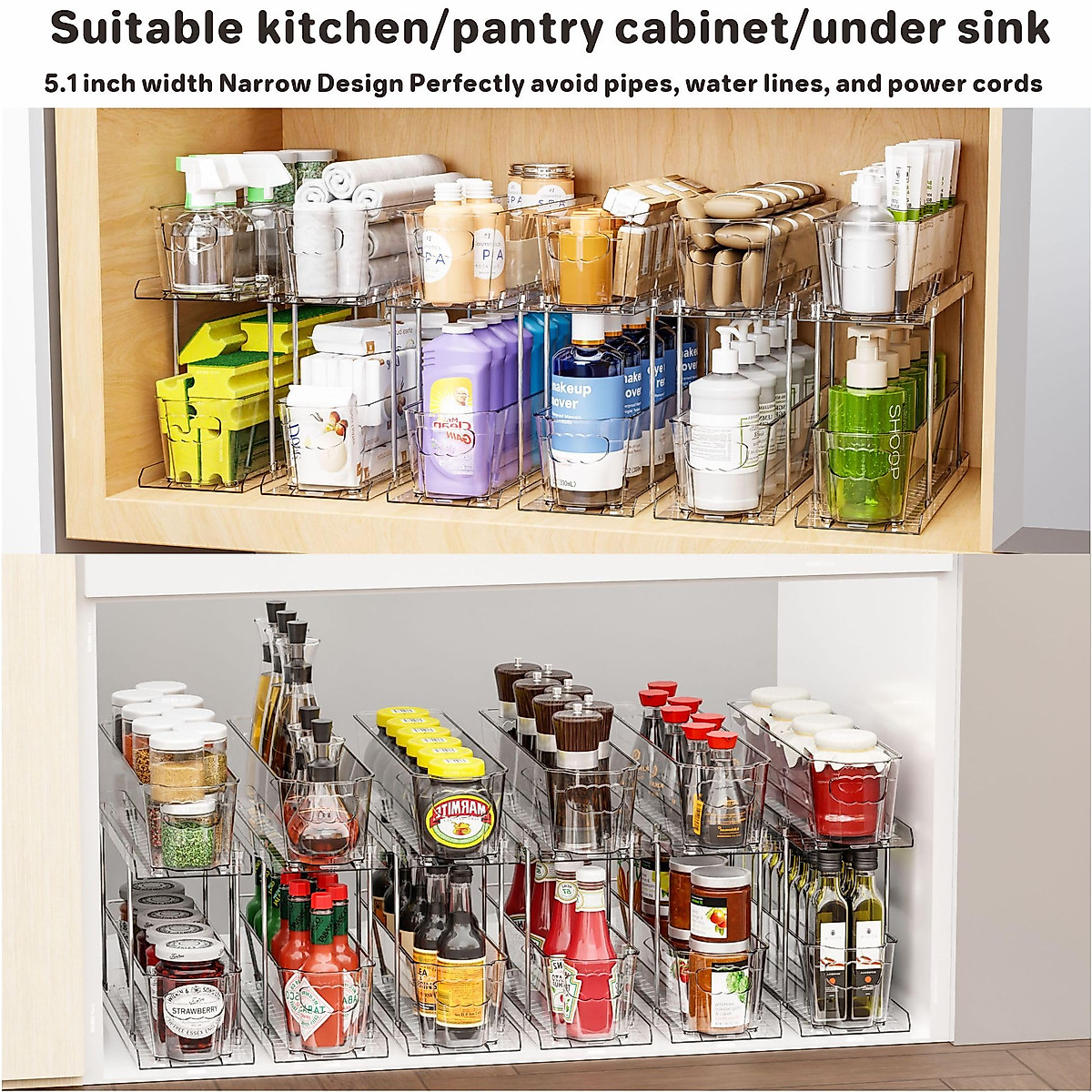 14.8" Deep 2 Tier Bathroom Storage Organizer, 4 Pack Clear Under Sink Organizers Vanity Countertop Storage Container, Medicine Cabinet Drawers Bins, Pull-Out Organization with Track for Pantry,Kitchen