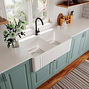Double Bowl Kitchen Sinks,DeerValley DV-1K028 33" L x 18" W White Farmhouse Ceramic Reversible Double Bowl Farmhouse Front Porcelain Sink with Apron