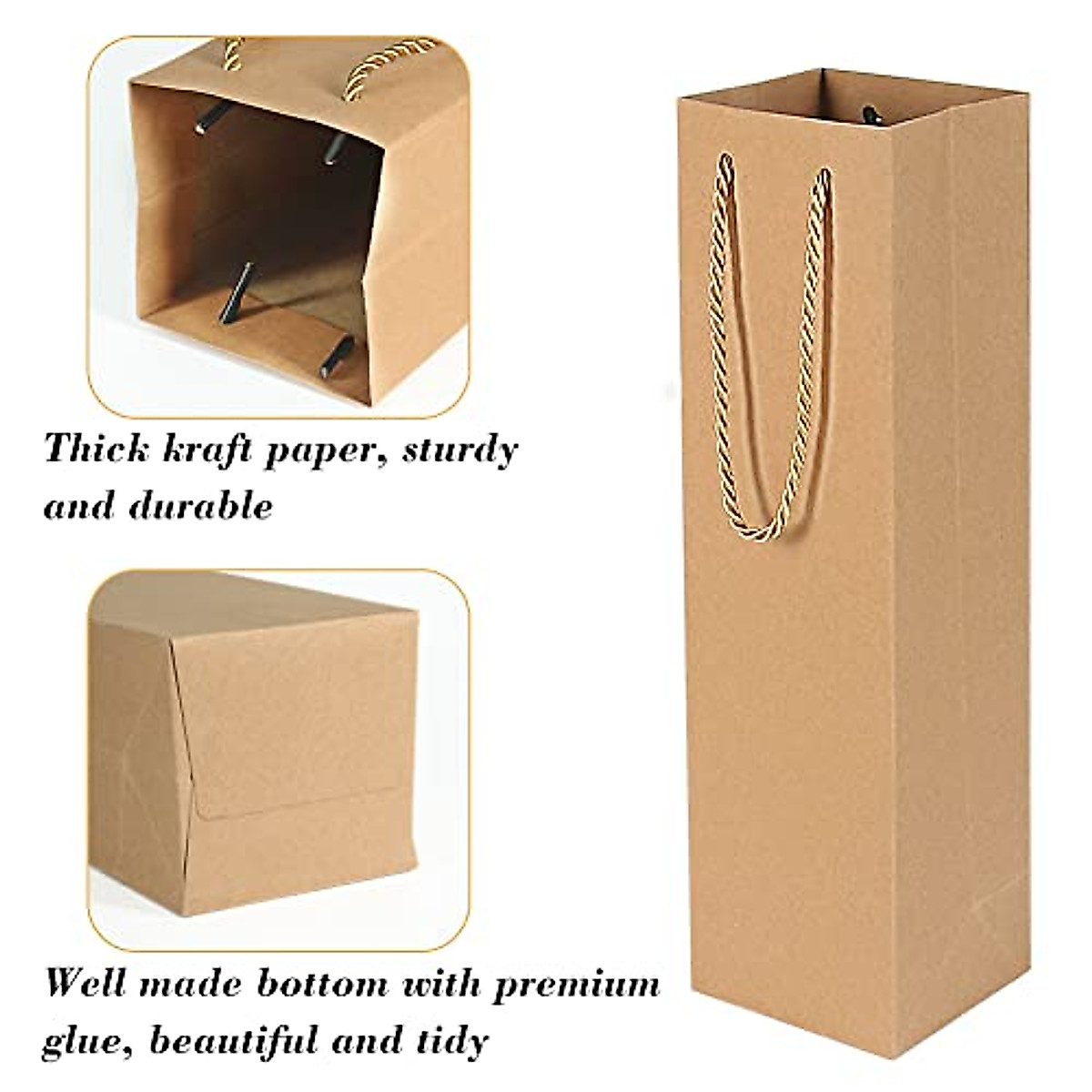 HRX Package Premium Kraft Paper Wine Gift Bags with Handles, 12PCS Sturdy Single Bottle Wine Holder Tote Bag for Christmas, Party, Shopping, Retail Merchandise (Brown)