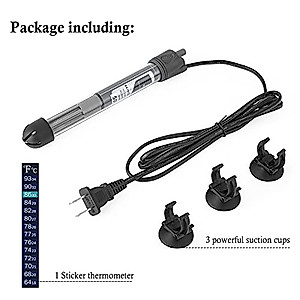 HITOP 25W 50W 100W 200W 300W Adjustable Aquarium Heater, Submersible Fish Tank Heater Thermostat with Suction Cup (50W)