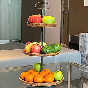 Wrightmart 3-Tiered Wooden Serving Stand, with 3 Round Server Tray Sections, Rustic Food Display for Cupcakes, Snacks, Pastries, Fruit, Desserts, Mixed Nuts, Handmade, Antiqued Steel Frame, Natural